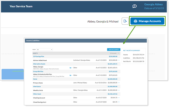 Use the Client Portal Assets & Liabilities Page