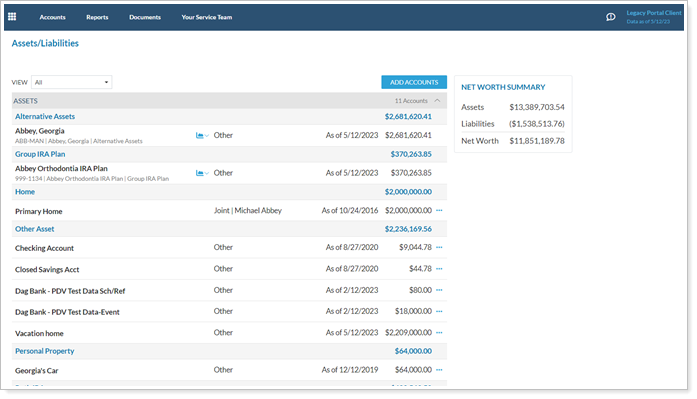 Client Views - Assets and Liabilities Page