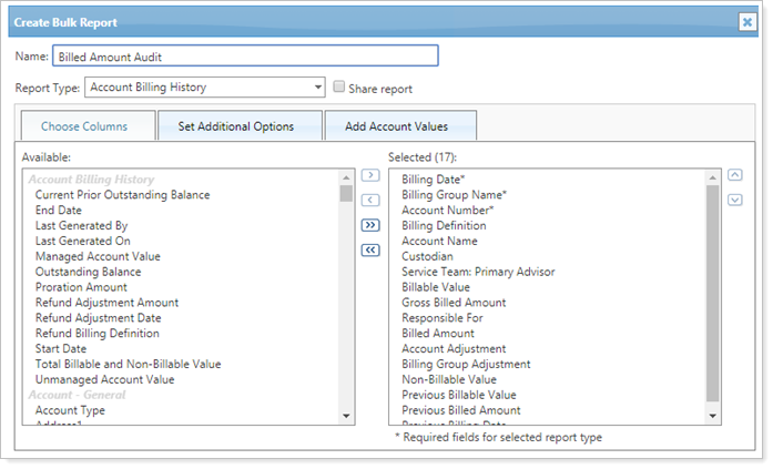 Create Account Billing History Bulk Report