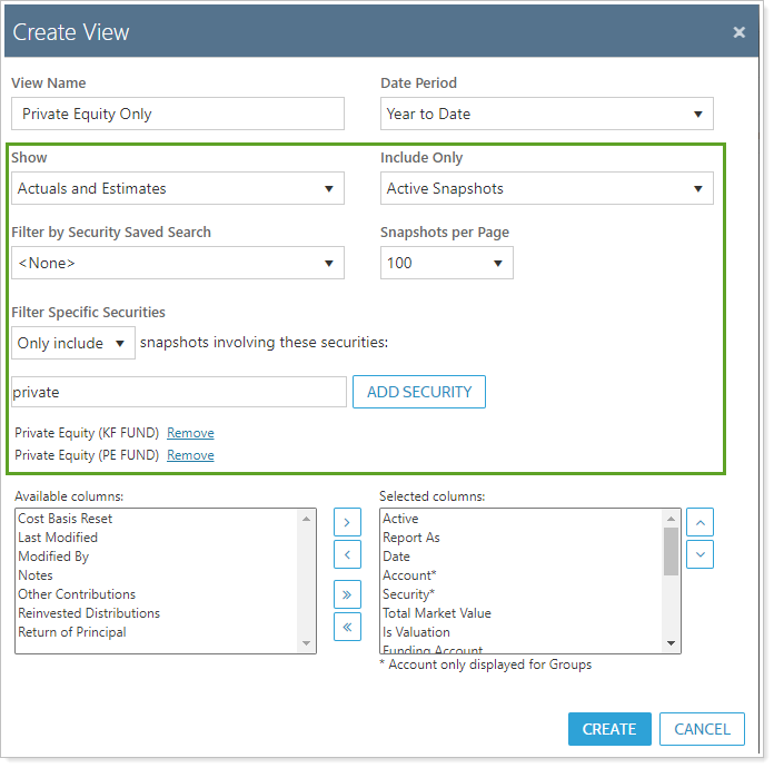 Manual Security Snapshots Page Actions, Views, and Filters