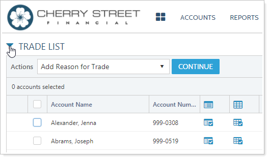 Trade List Page Actions, Views, and Filters